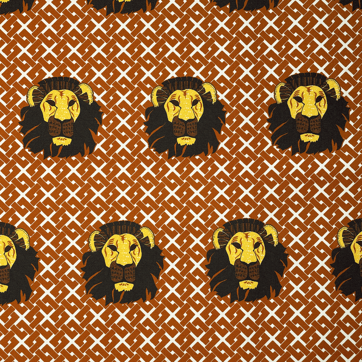 African Oba Interior Fabric in Brown with Lions Head Design | Eva Sonaike